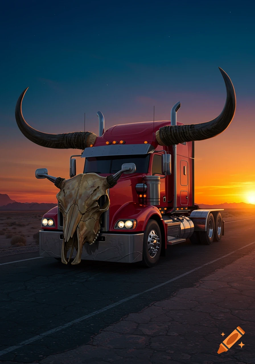 Red semi-truck with giant bull horns and skull on the front drives down ...