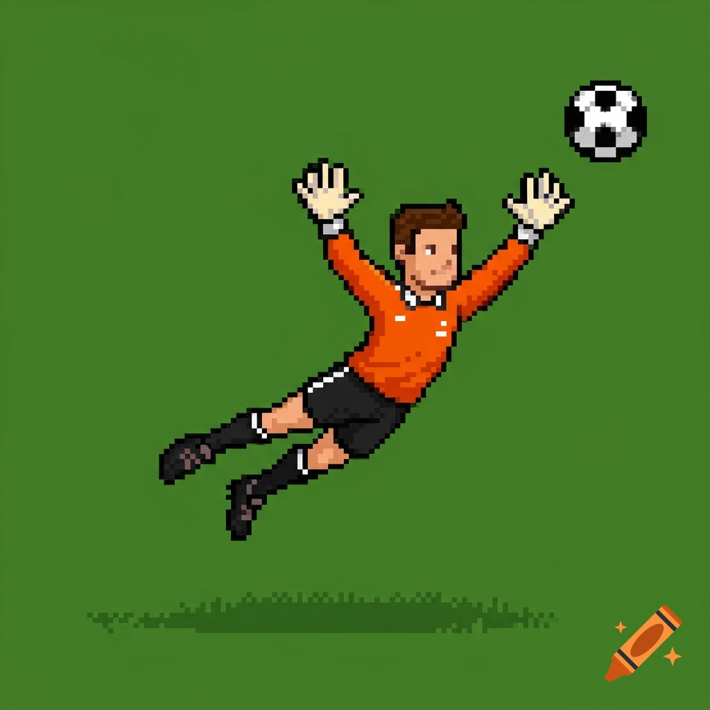 Pixel art sprite of a goalkeeper diving for a soccer ball. on Craiyon