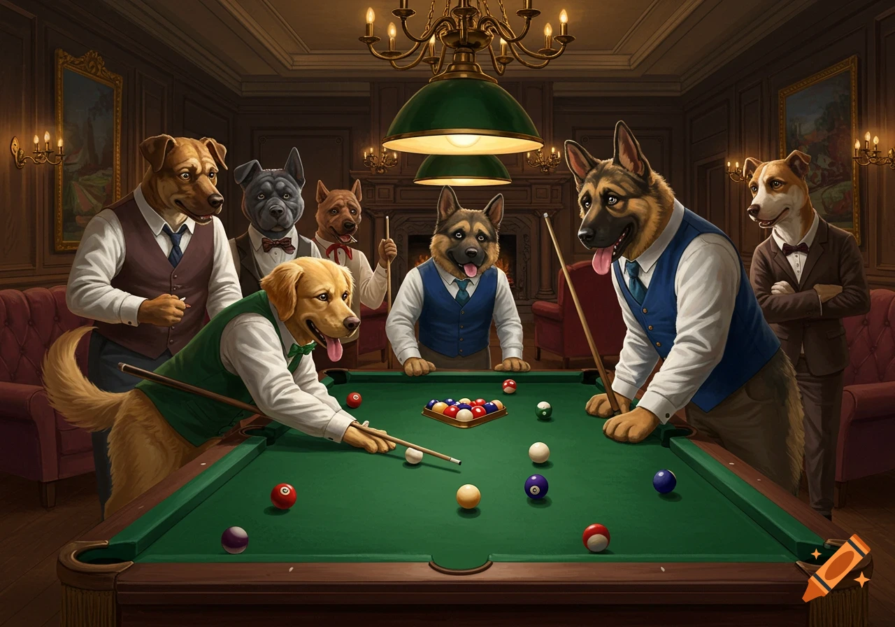 Anthropomorphic dogs in vests play billiards in a formal room. on Craiyon
