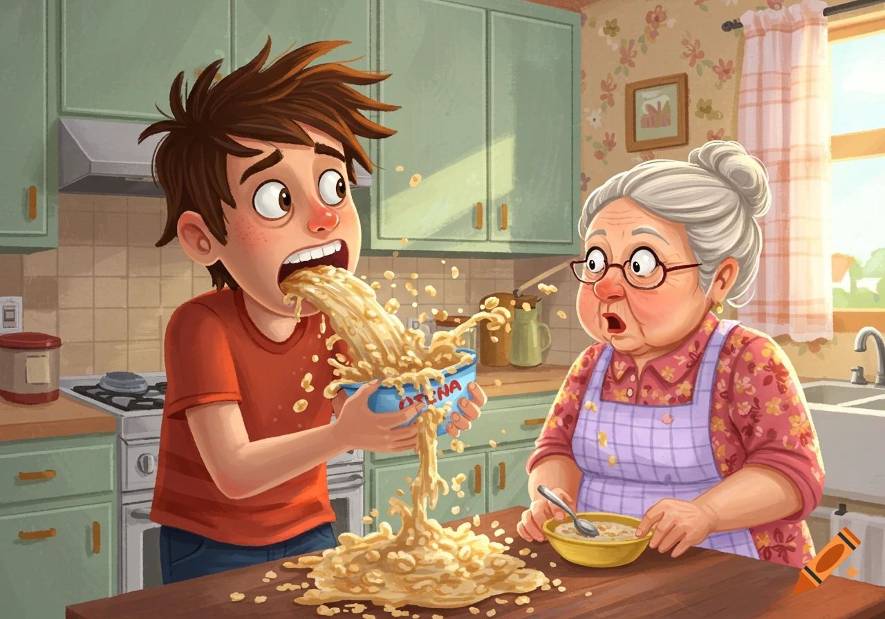Cartoon of boy vomiting oatmeal, startling his grandma in a kitchen. on ...