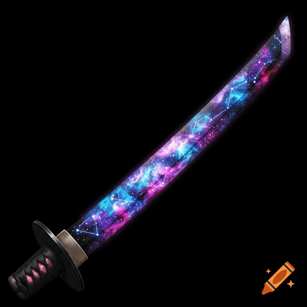 A katana sword with a cosmic design on the blade showing a galaxy and ...