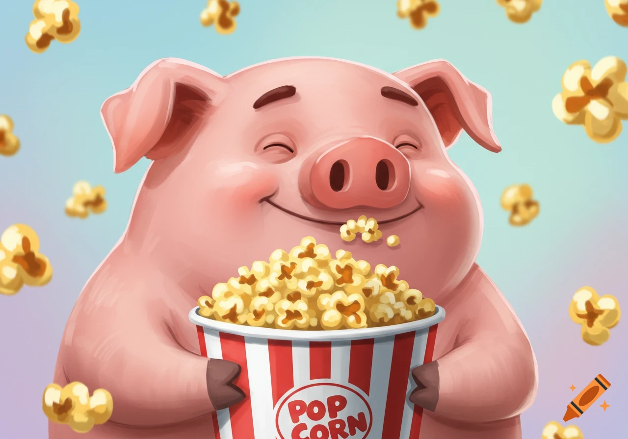 A cartoon pig happily eats popcorn from a red and white striped bucket ...