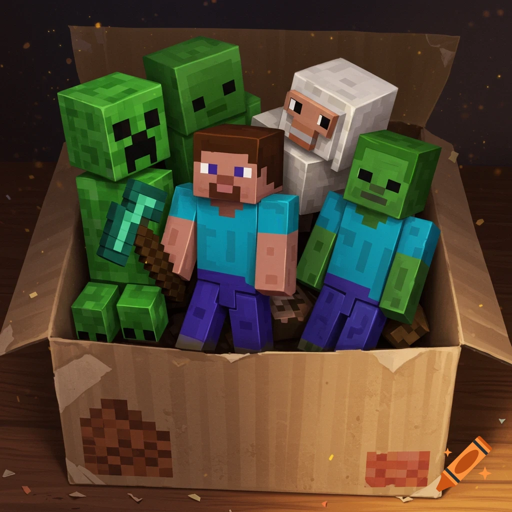 Minecraft characters Steve, Creeper, Zombie, and Sheep in a cardboard ...