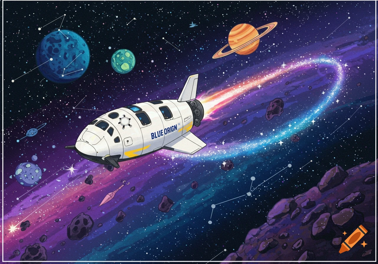 A cartoon illustration of a Blue Origin spaceship flying through a ...