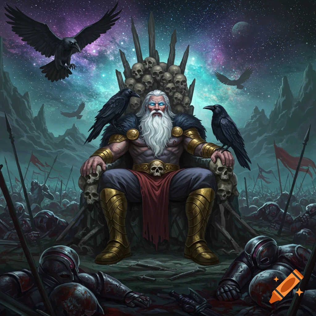 Odin on a skull throne with ravens surrounded by fallen warriors under ...
