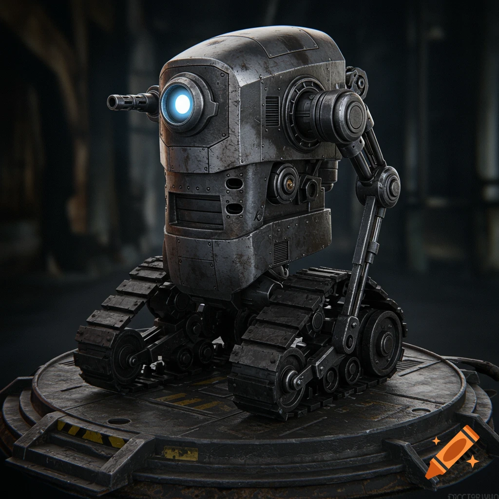 A rusty tracked robot with a glowing eye and gun on an industrial ...