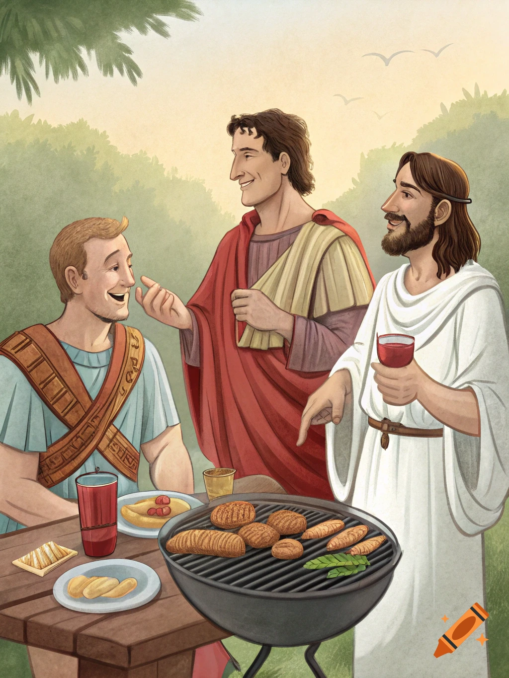 Three figures resembling Julius Caesar, Napoleon, and Jesus at a BBQ ...