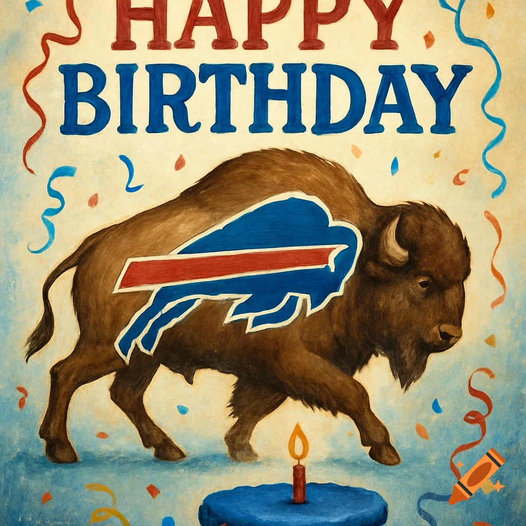 A painting of a buffalo with a Buffalo Bills logo, standing near a ...