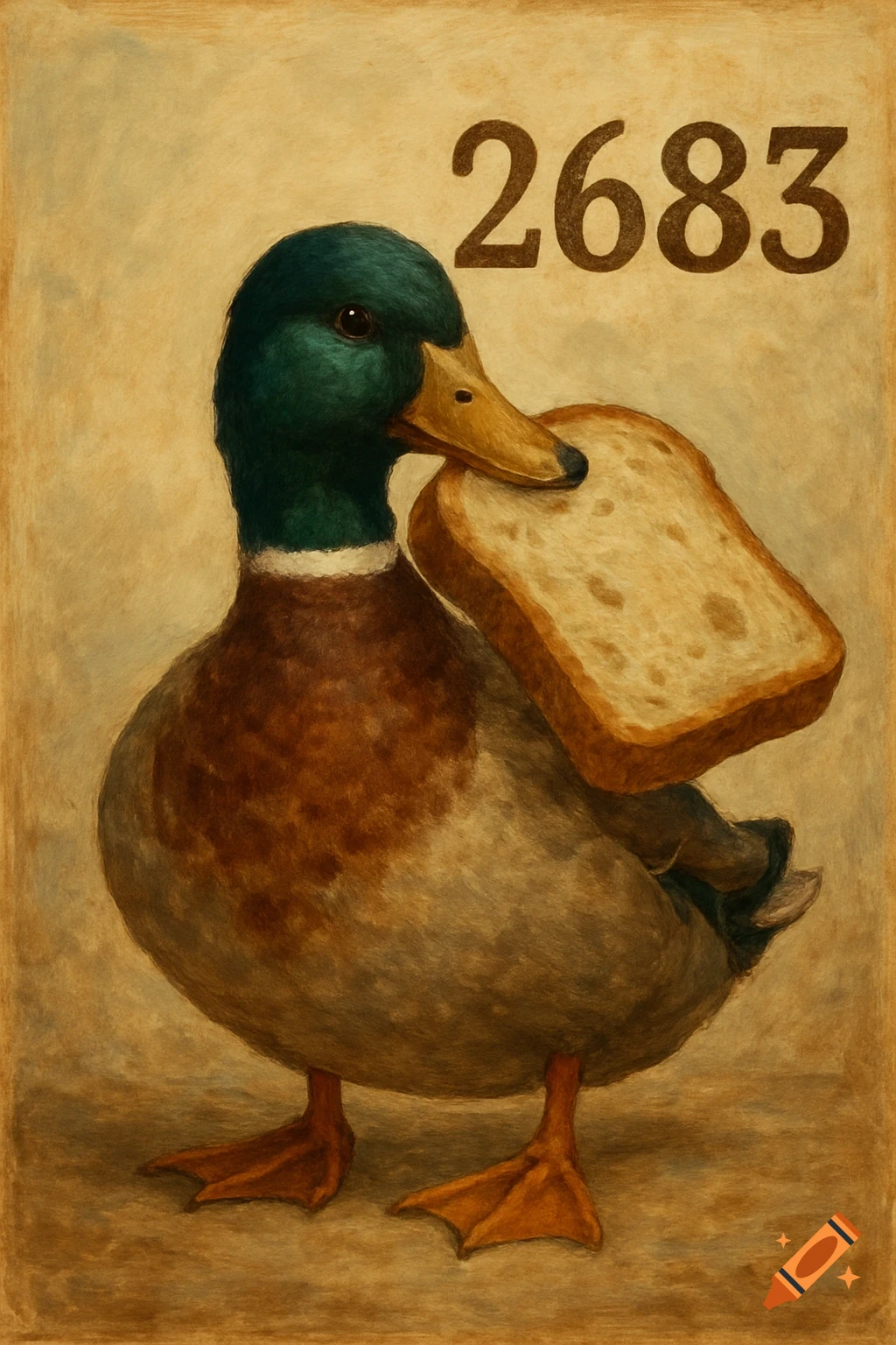 Painting of a mallard duck holding a slice of bread with the number ...