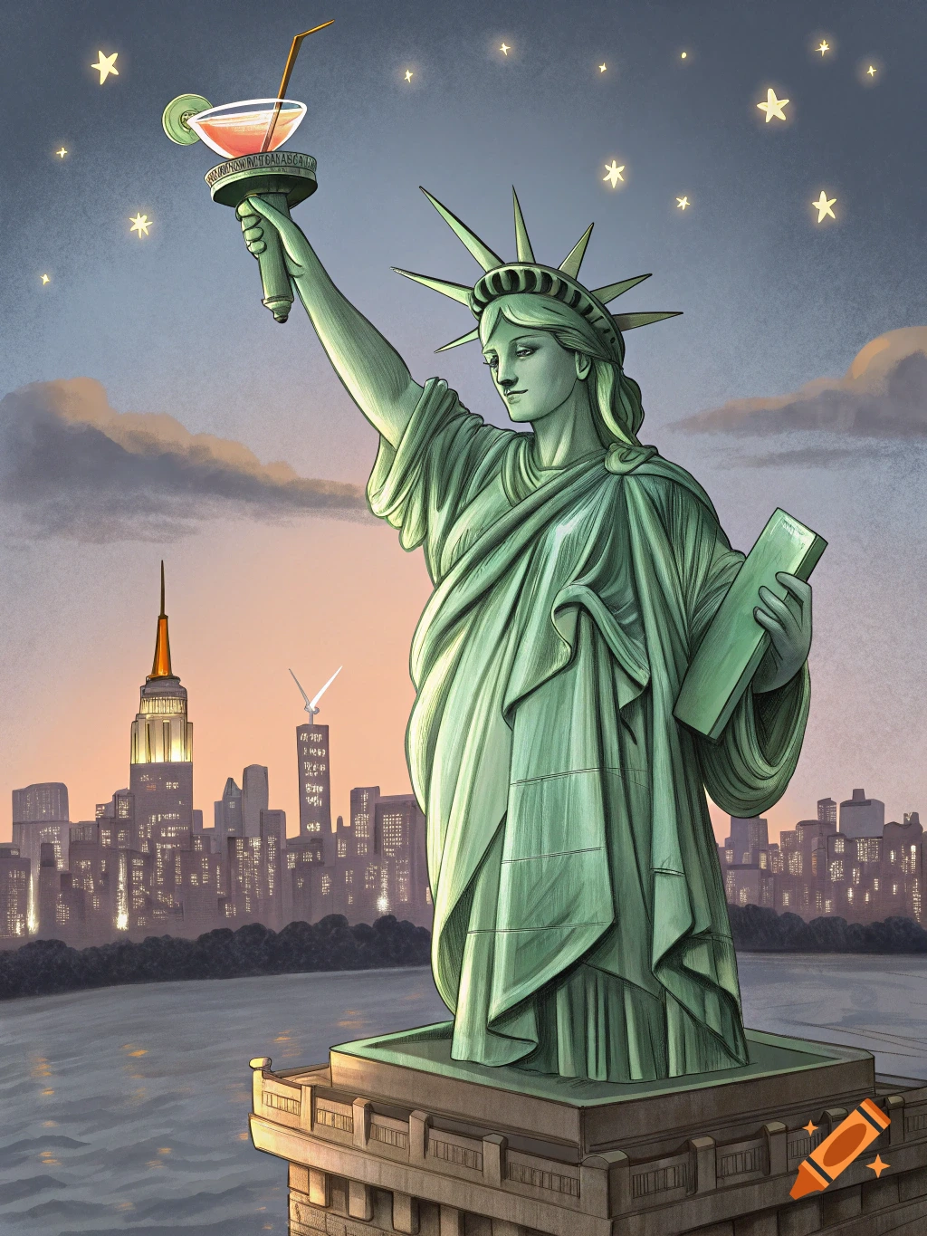 Illustration of the Statue of Liberty holding a cocktail in front of ...