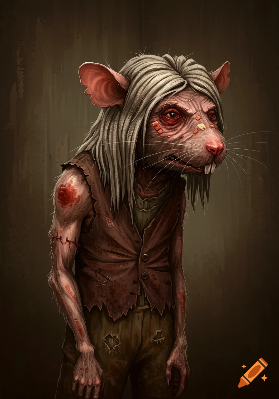 Humanoid rat creature with long hair, bandages, and stitches, digital ...