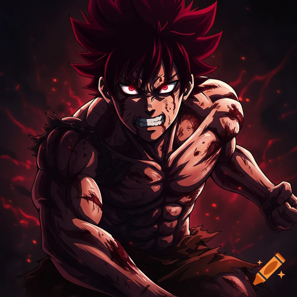 Angry anime character with red eyes and bloodstains, muscles tense. on ...
