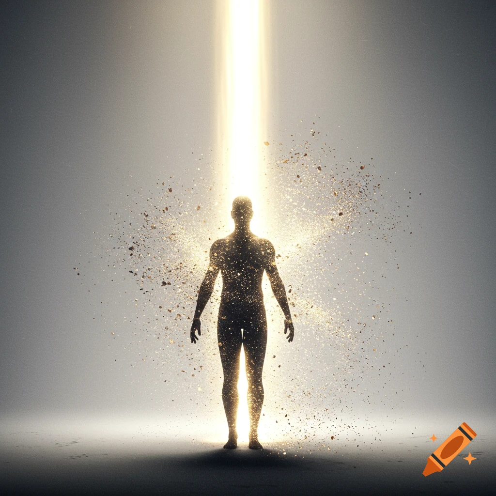 Silhouette of a human figure dissolving into light and dust on Craiyon