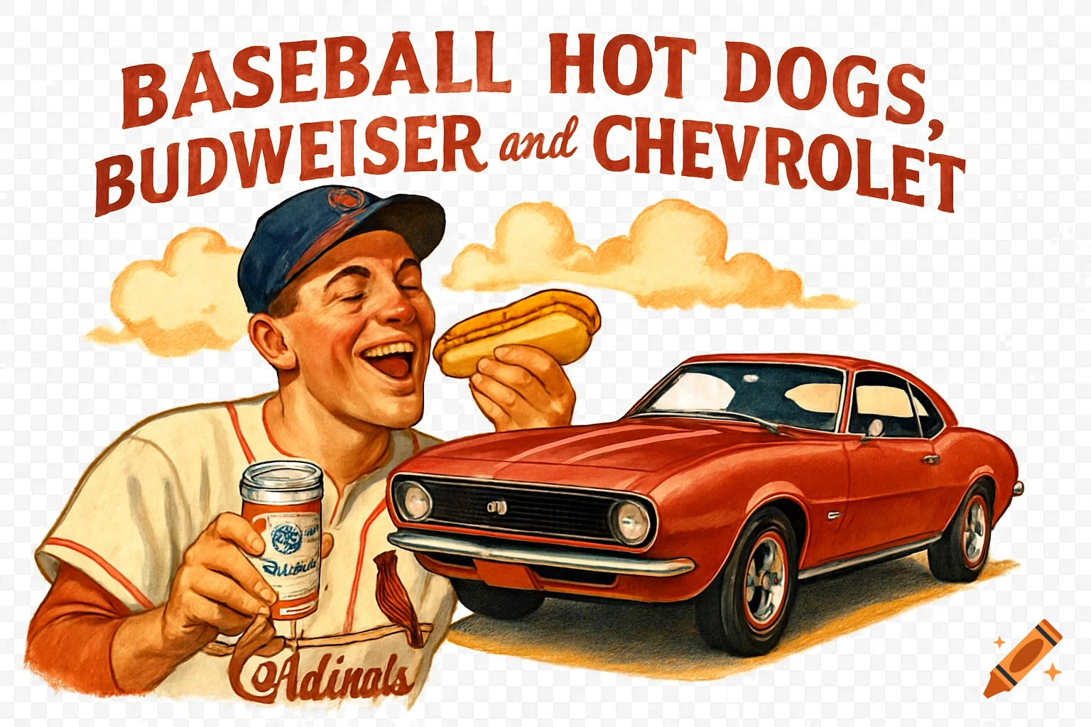Classic Americana illustration of a smiling baseball player eating a ...