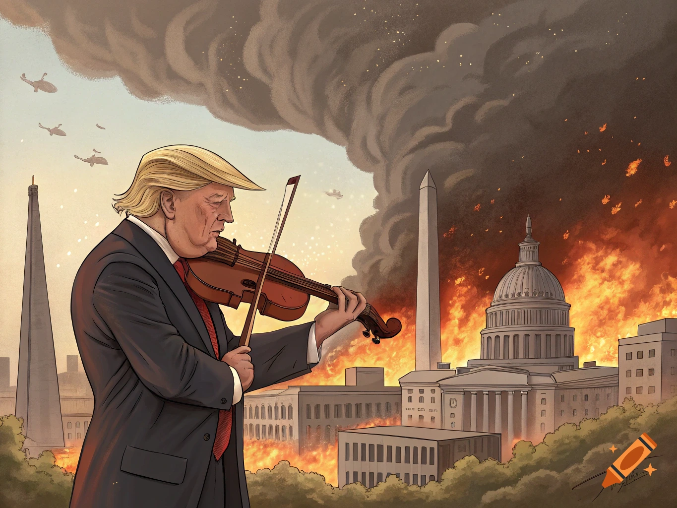 Illustration of Donald Trump playing a violin while the Capitol ...