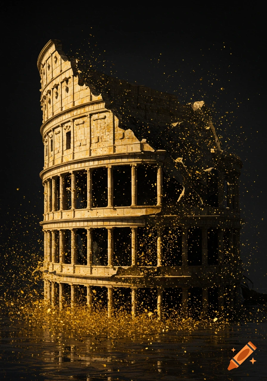 Dramatic render of the Colosseum breaking apart with gold particles ...