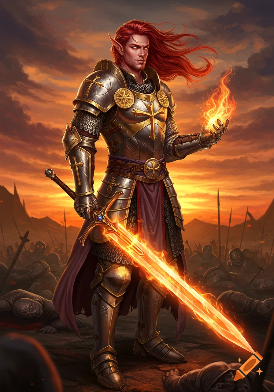 Fantasy paladin in shiny armor with red hair, holding a glowing sword ...