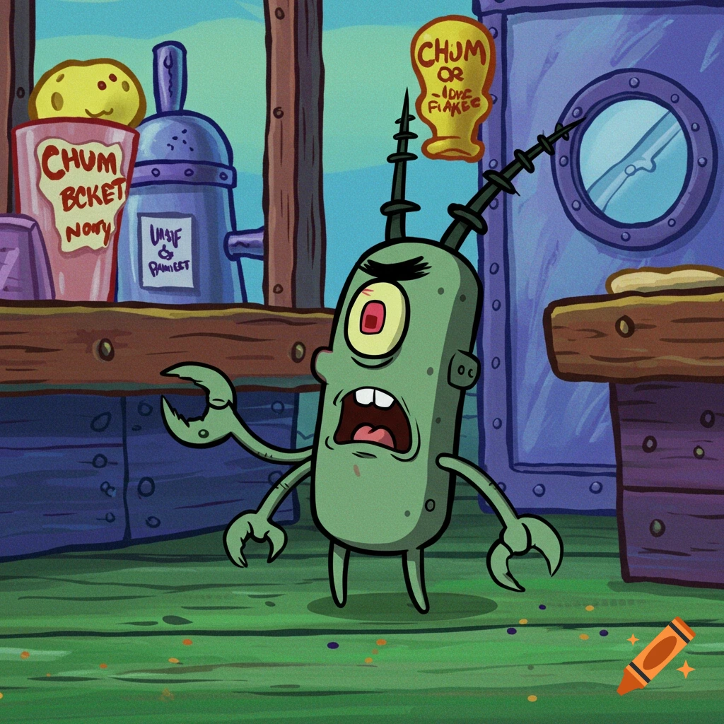 Cartoon of Plankton looking angry in a restaurant setting with signs ...
