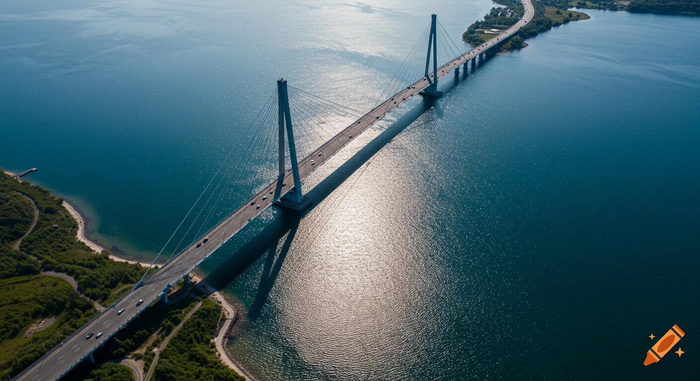 Aerial view of a large cable-stayed bridge spanning blue water, with ...