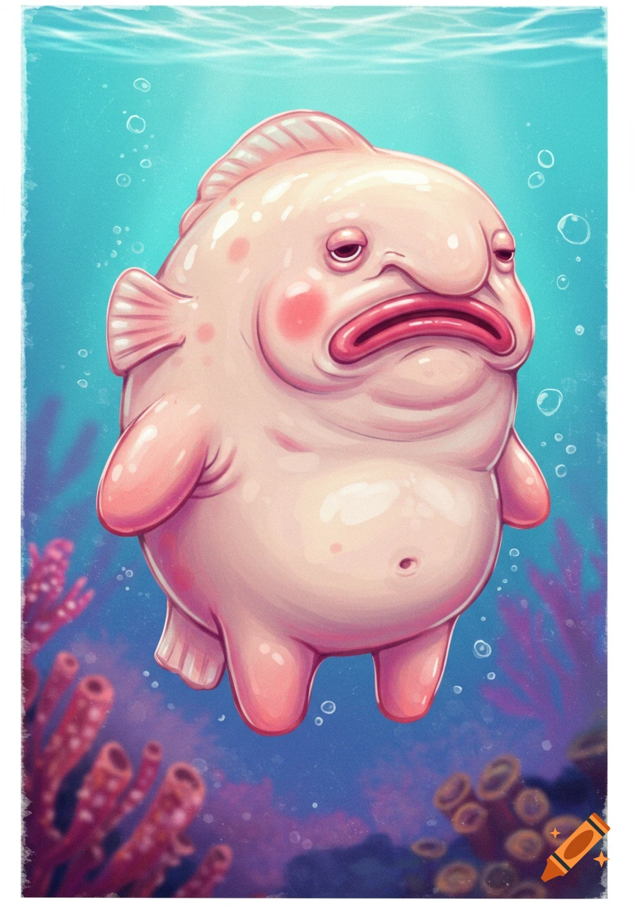 Cartoon illustration of a blobfish with arms and legs standing ...