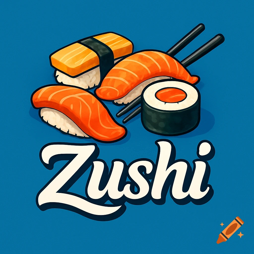 Logo for Zushi featuring sushi pieces and chopsticks on a blue ...