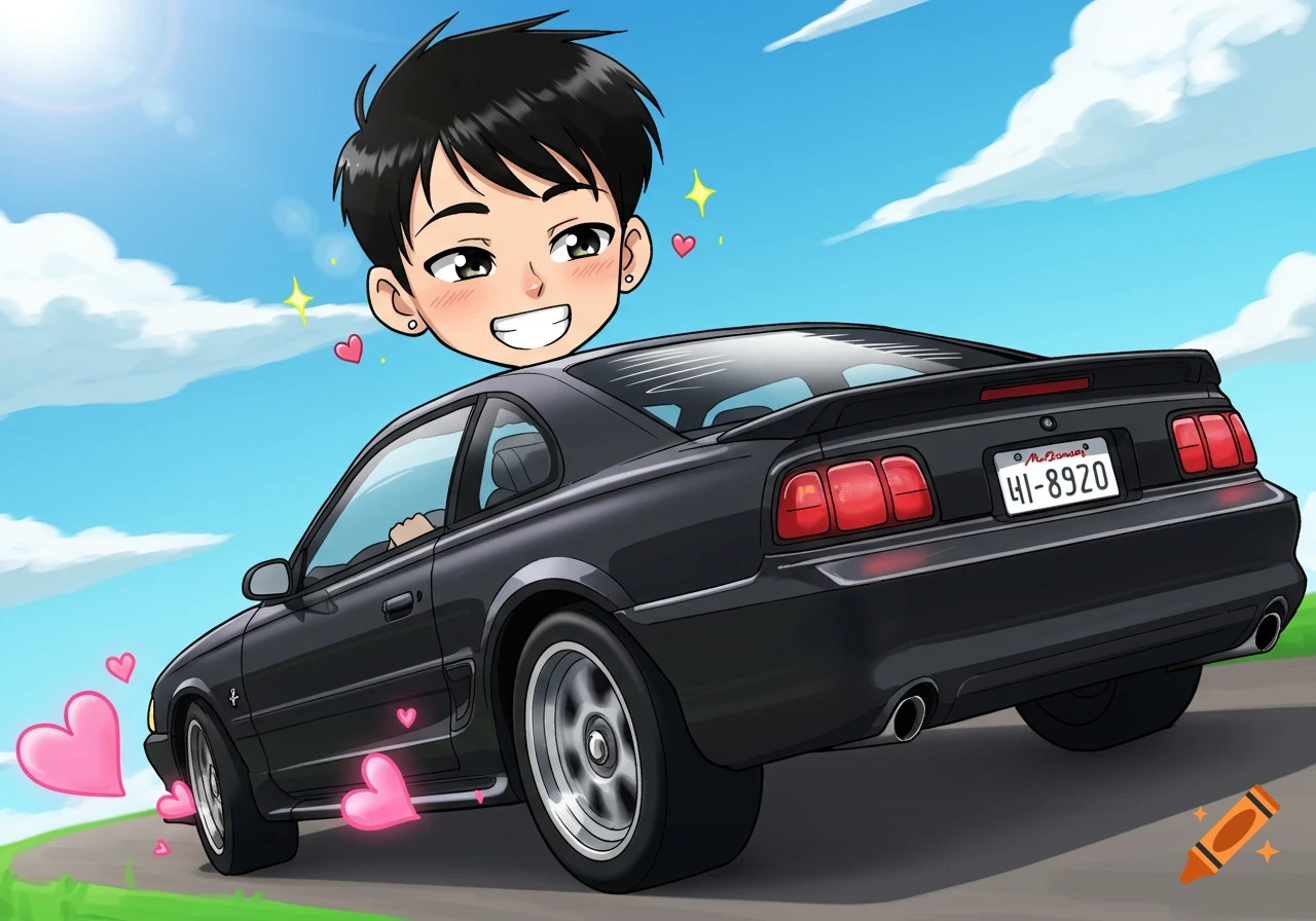 Anime style illustration of a man driving a black car with hearts ...