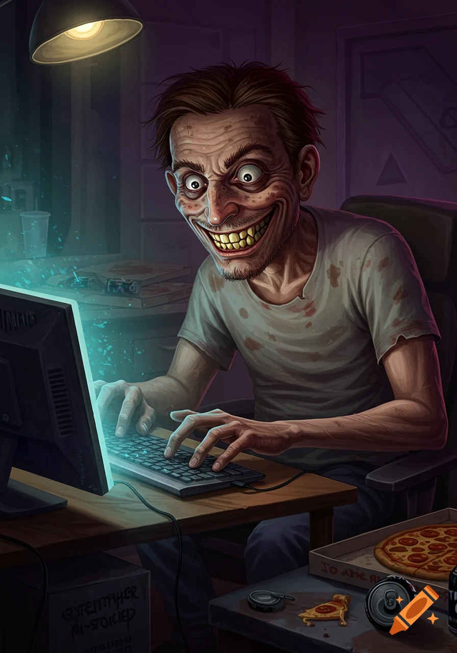 A grotesque, smiling man with yellow teeth sits at a computer in a dark ...