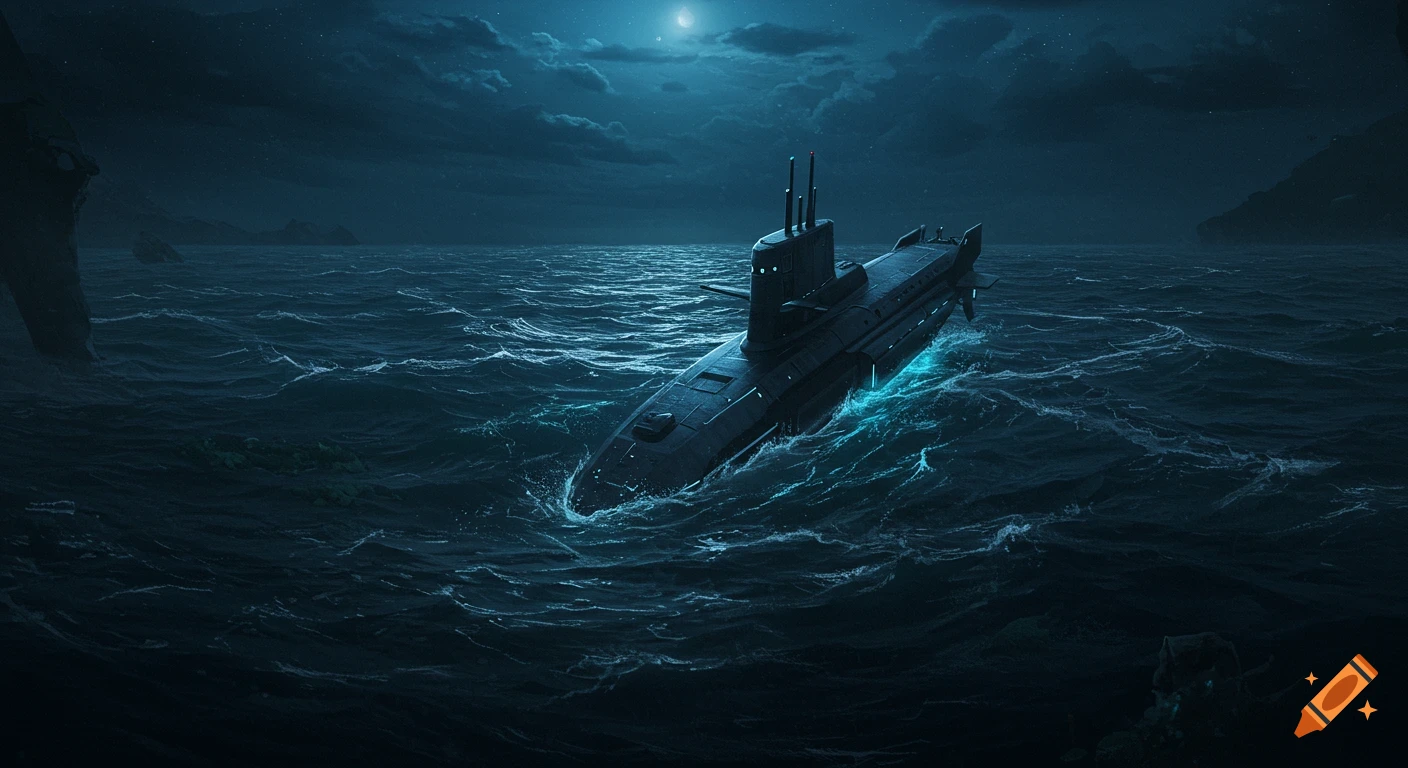 A submarine surfaces in a stormy ocean at night under moonlight. on Craiyon