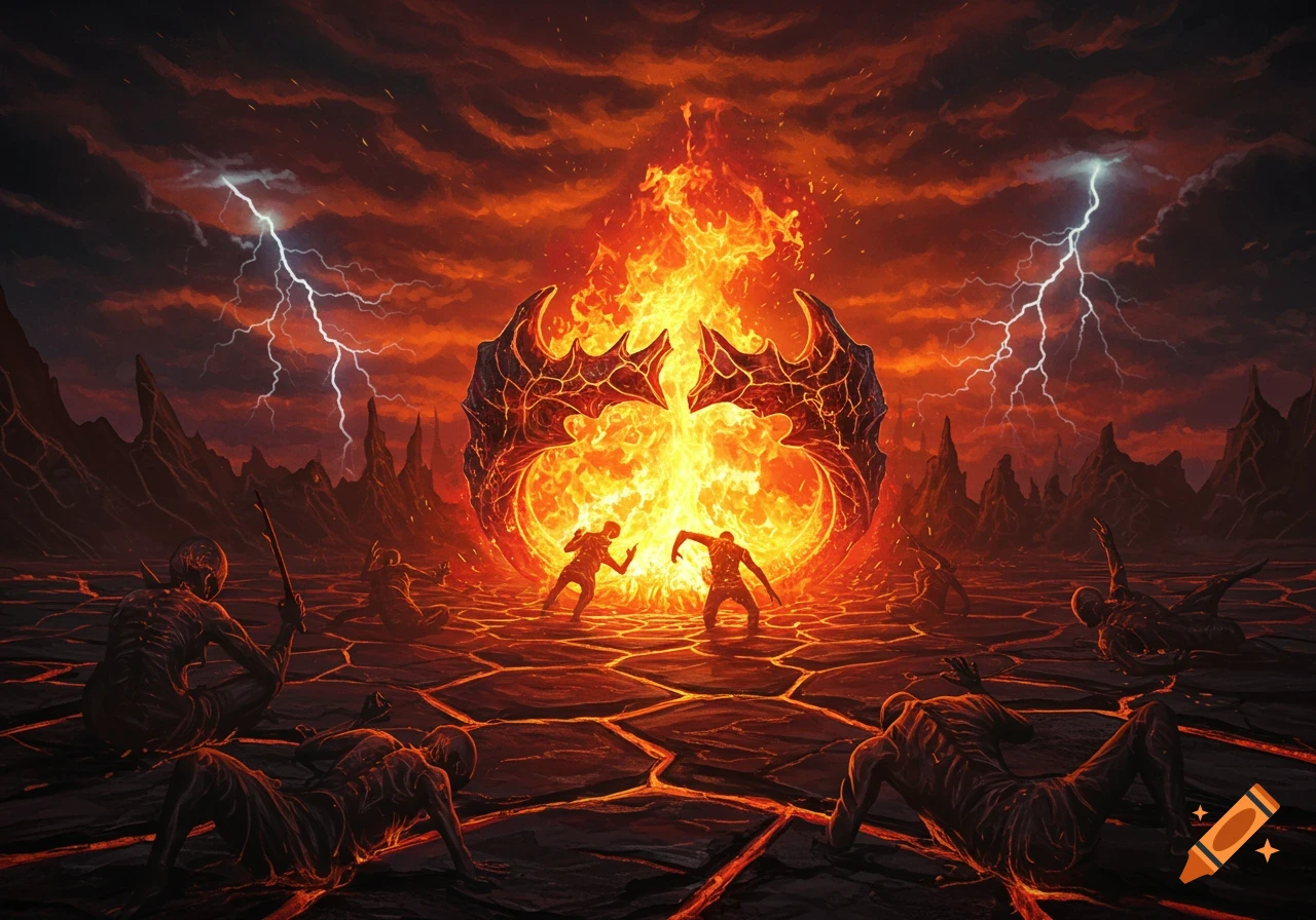 Dark fantasy scene of figures in a fiery hellscape with lightning and a ...