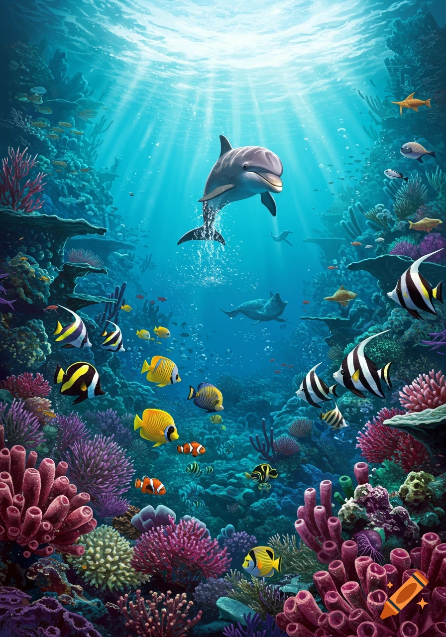 Bright underwater scene with a dolphin jumping above a colorful coral ...