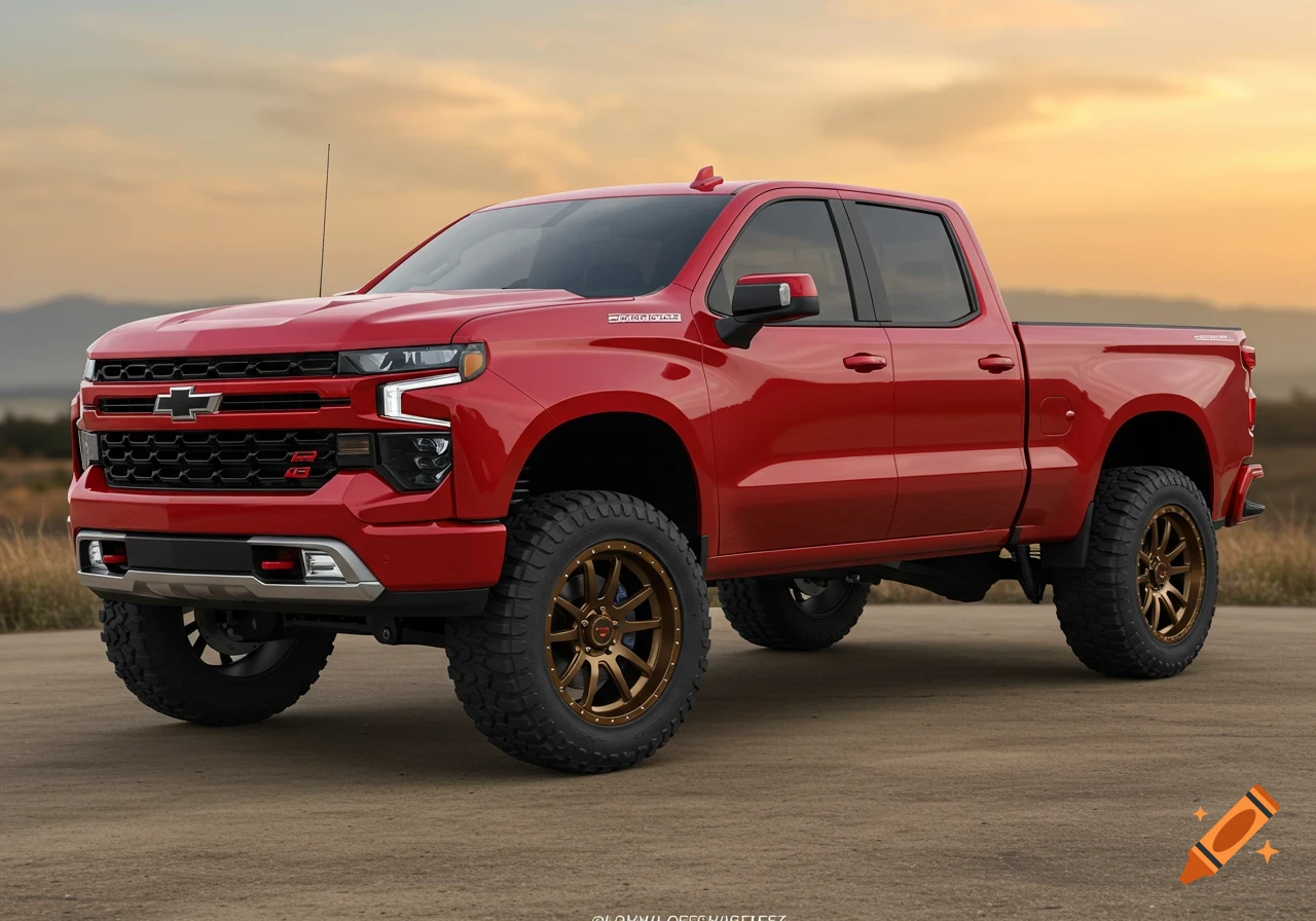 A lifted red Chevy Silverado truck with bronze wheels parked on a dirt ...