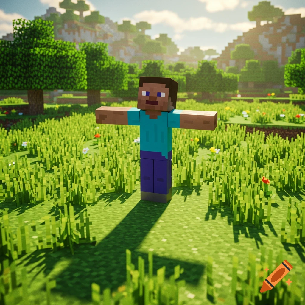 Minecraft character Steve stands in a grassy field with arms open. on ...