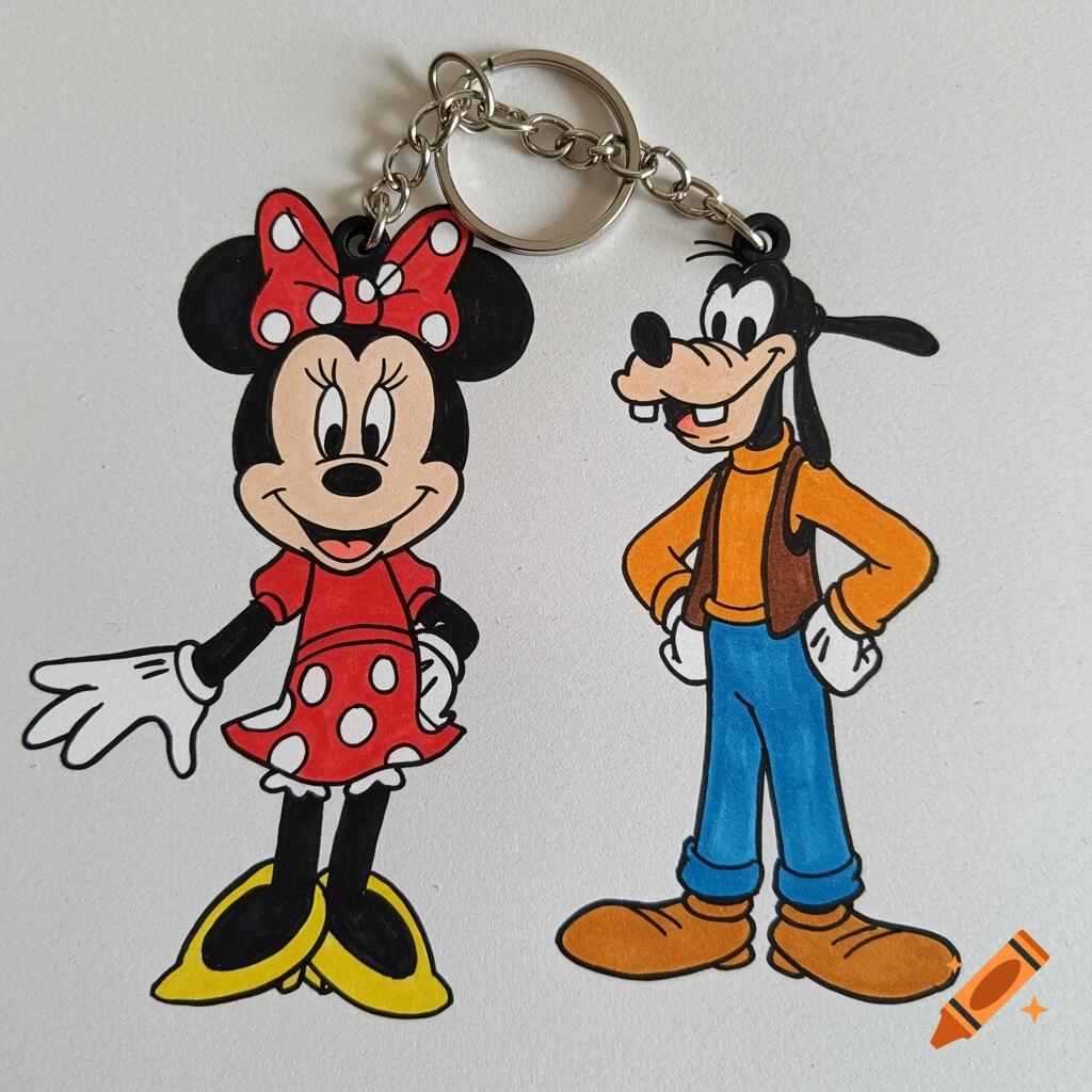 Minnie Mouse and Goofy cartoon character keychains on Craiyon