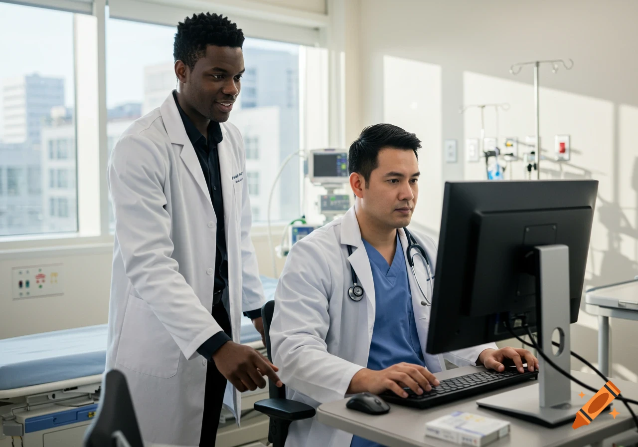 Two doctors look at a computer screen in a hospital room. on Craiyon
