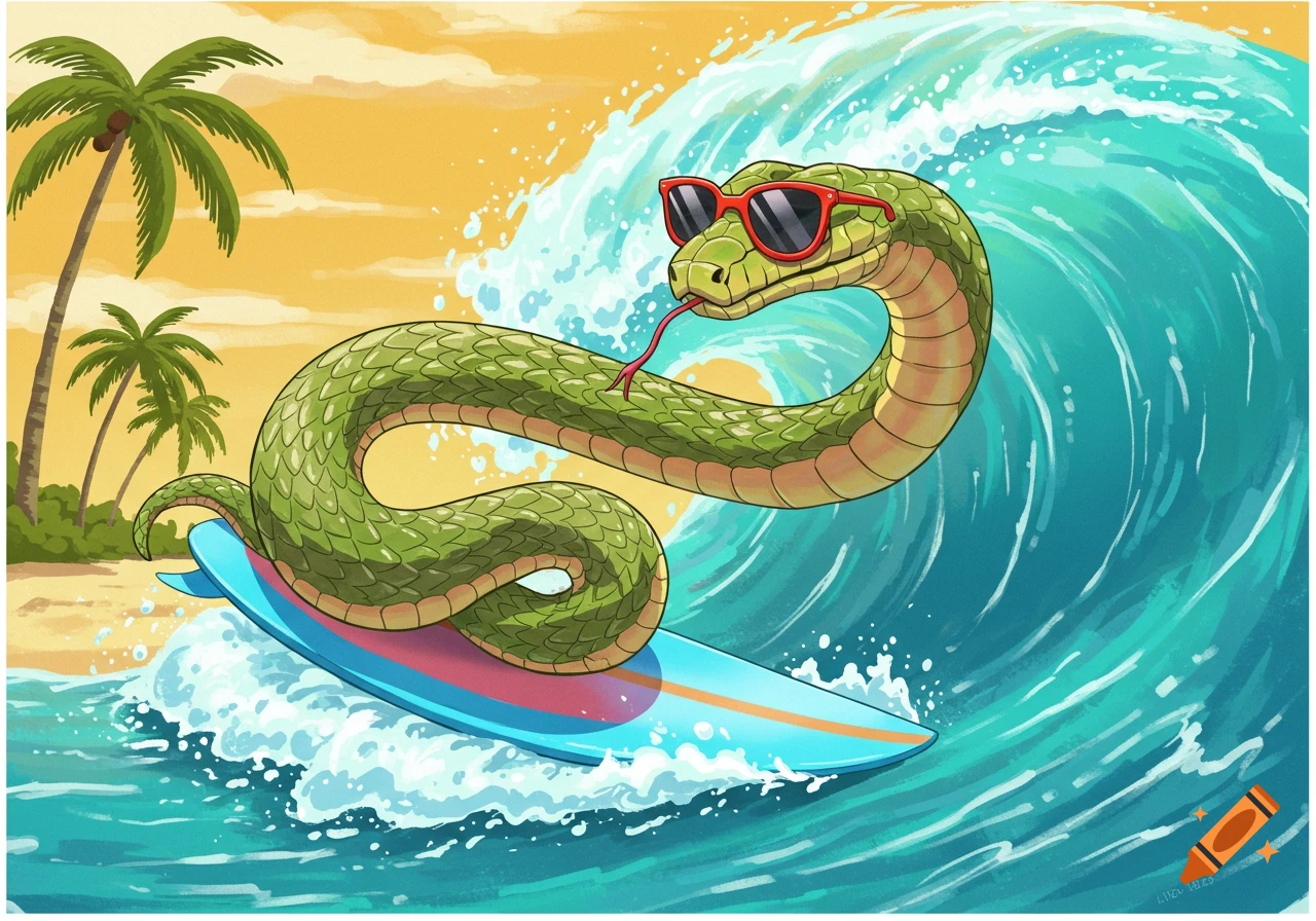 Cartoon snake with sunglasses surfing a wave near a beach on Craiyon