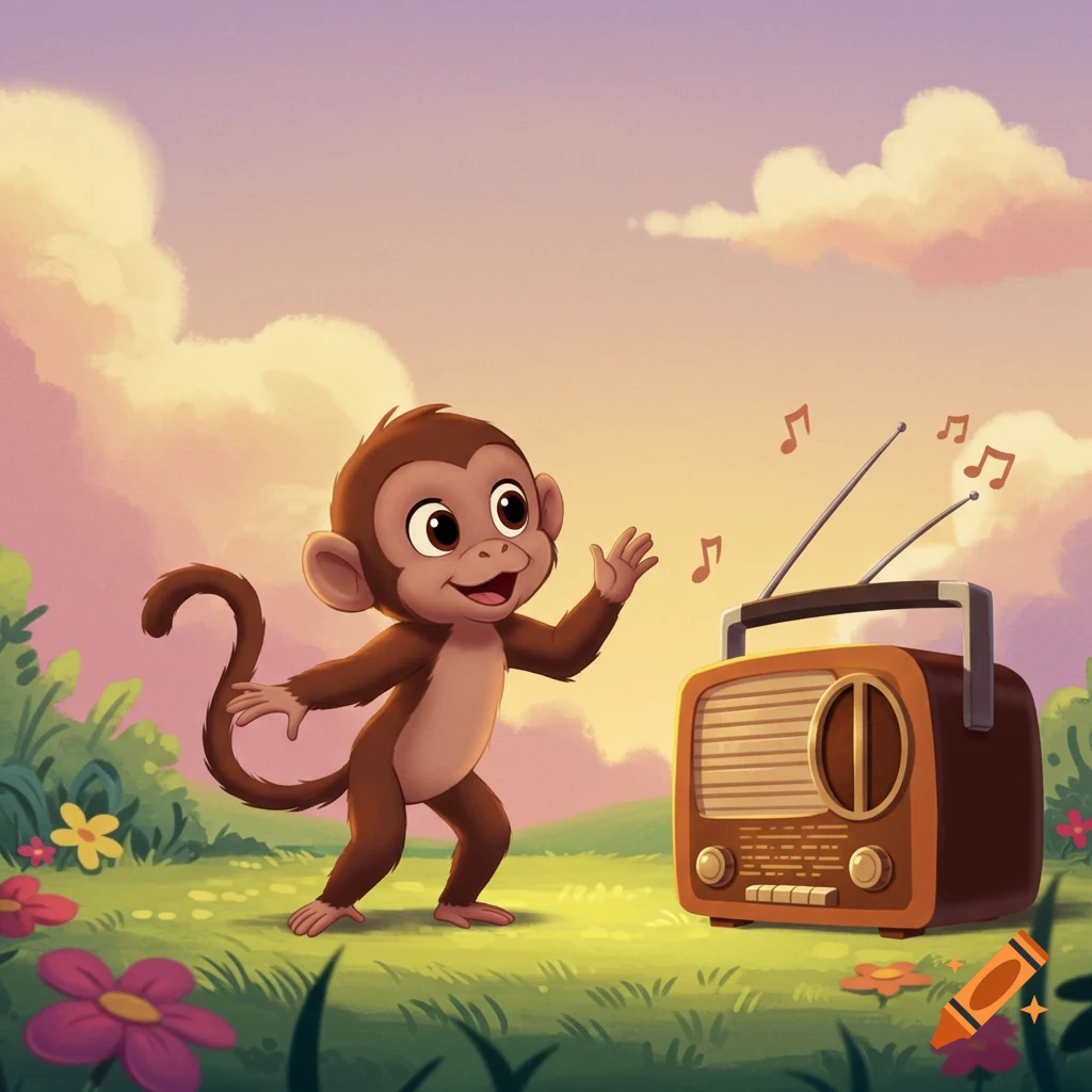 Cartoon monkey dances to music from an old radio in a field with ...