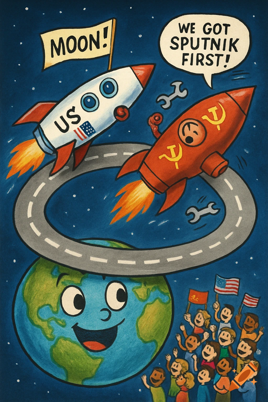 Cartoon of US and USSR rockets racing around a smiling Earth, with ...