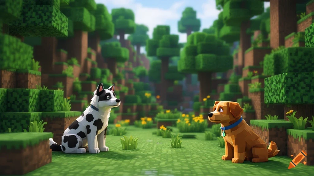 Two blocky dogs sit in a forest rendered in a video game style ...