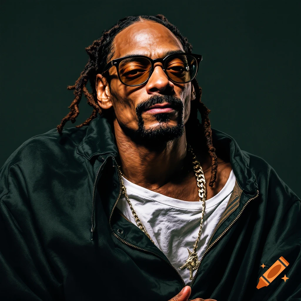Photorealistic portrait of Snoop Dogg wearing glasses, a jacket, and ...