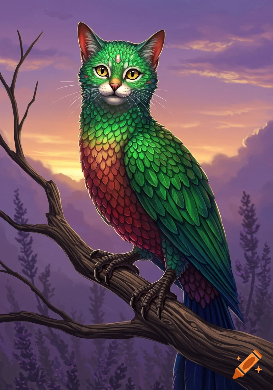 A fantasy creature, a hybrid cat-bird with colorful feathers, sits on a ...