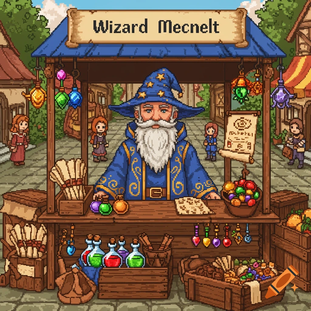 Pixel art of a wizard selling potions and goods at a market stall. on ...
