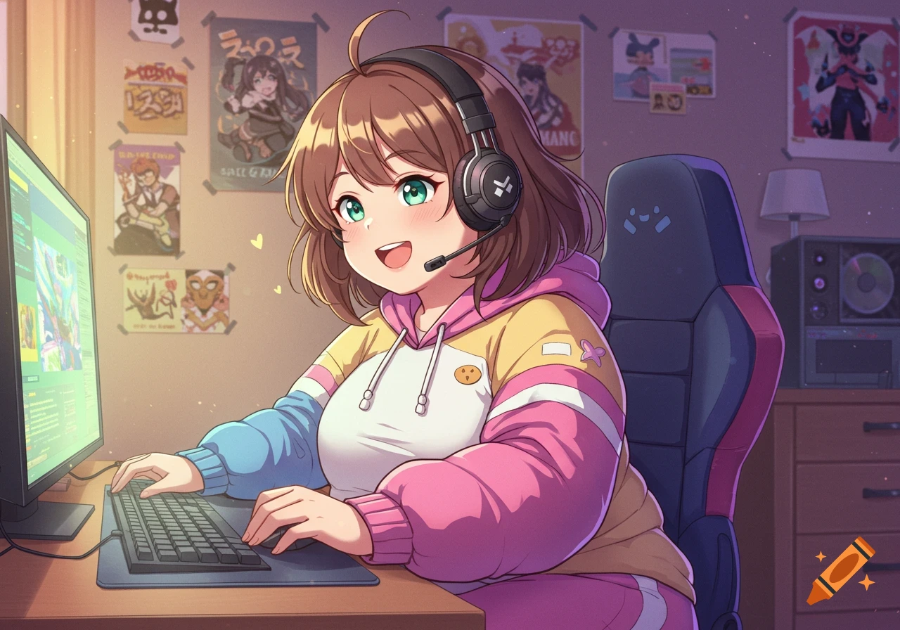 Anime girl with headphones playing a video game on a computer. on Craiyon