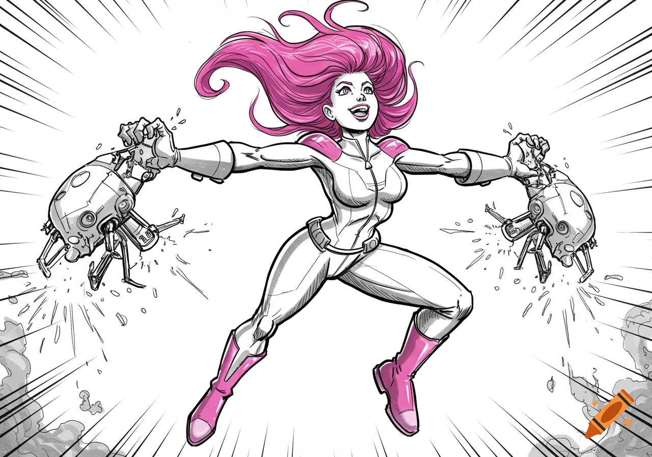 Comic sketch of a woman destroying two drones while flying on Craiyon