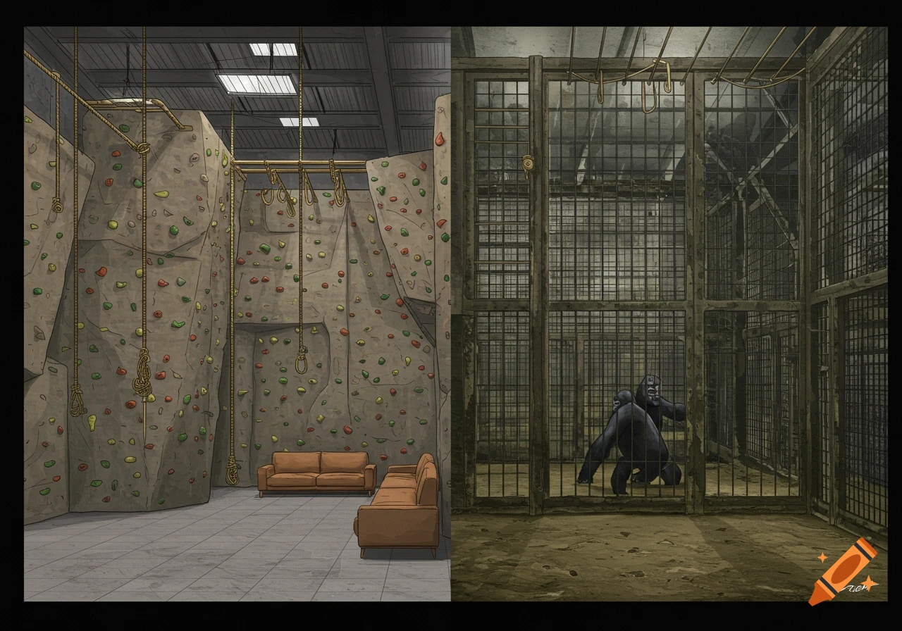 Illustration of a climbing gym on the left and a gorilla enclosure with gorillas on the right ...