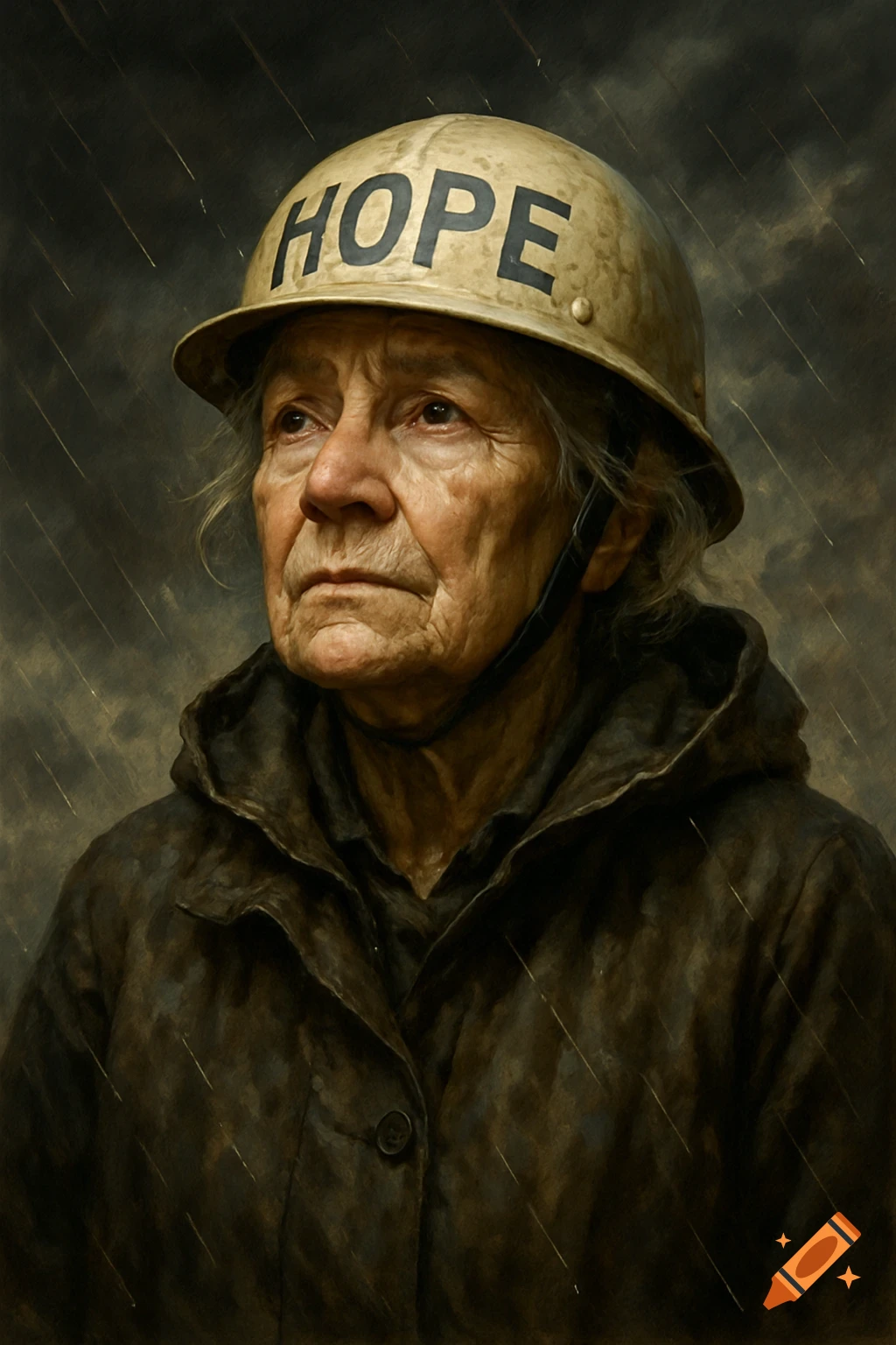 A portrait of an older woman in a storm wearing a helmet with the word ...