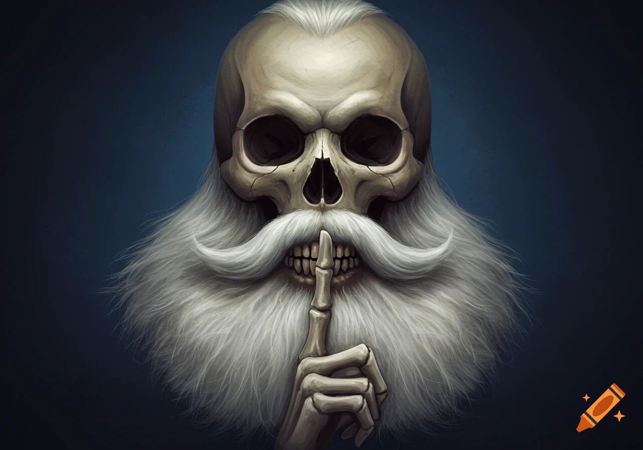 Illustration of a skull with a long white beard shushing. on Craiyon