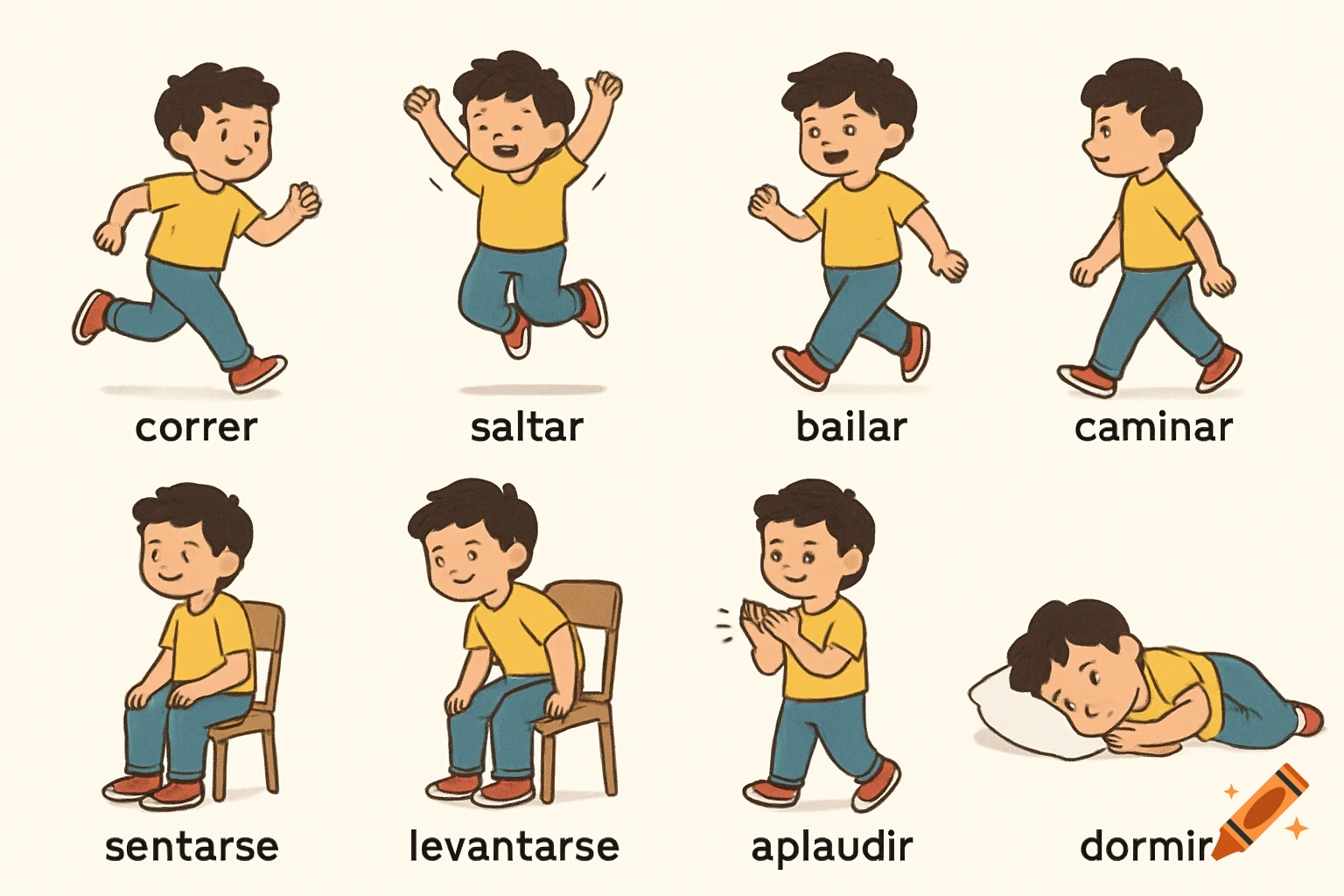 Eight illustrations of a boy performing actions like running, jumping ...