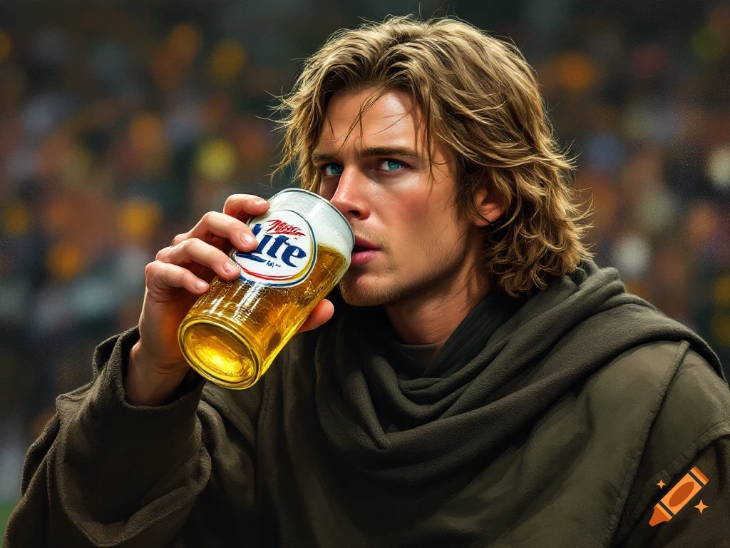 Man drinking beer from a Miller Lite can in a hooded garment. on Craiyon