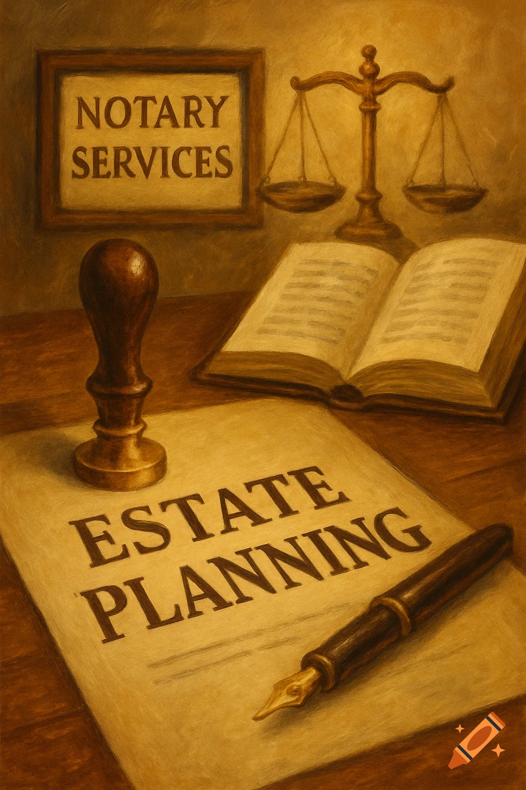 Still life painting of legal items including scales of justice, book ...