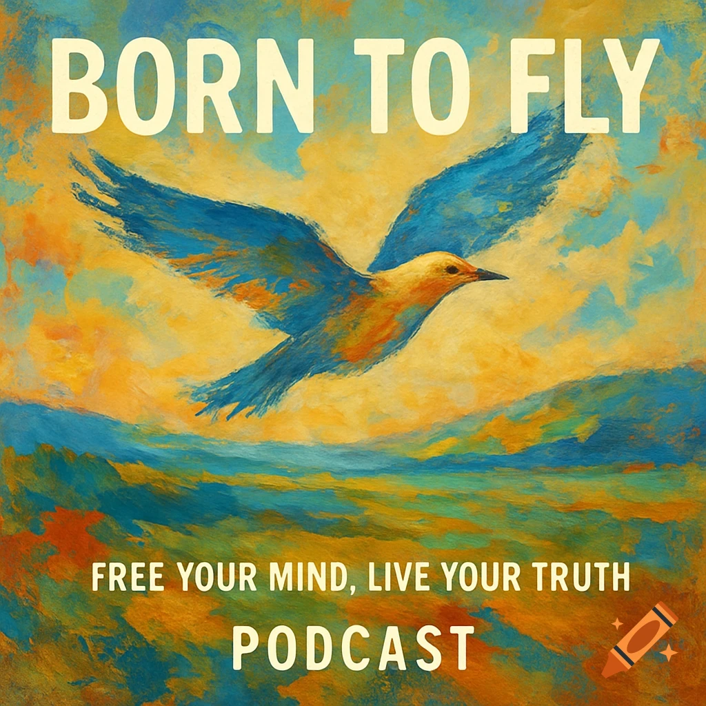 Abstract painterly image of a bird flying over a landscape, with text ...